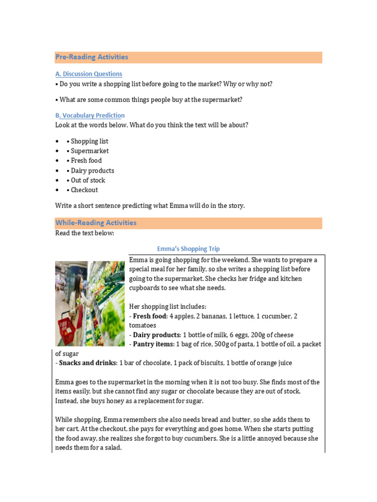 Shopping List Reading Comprehension | PDF | Supermarket | Foods