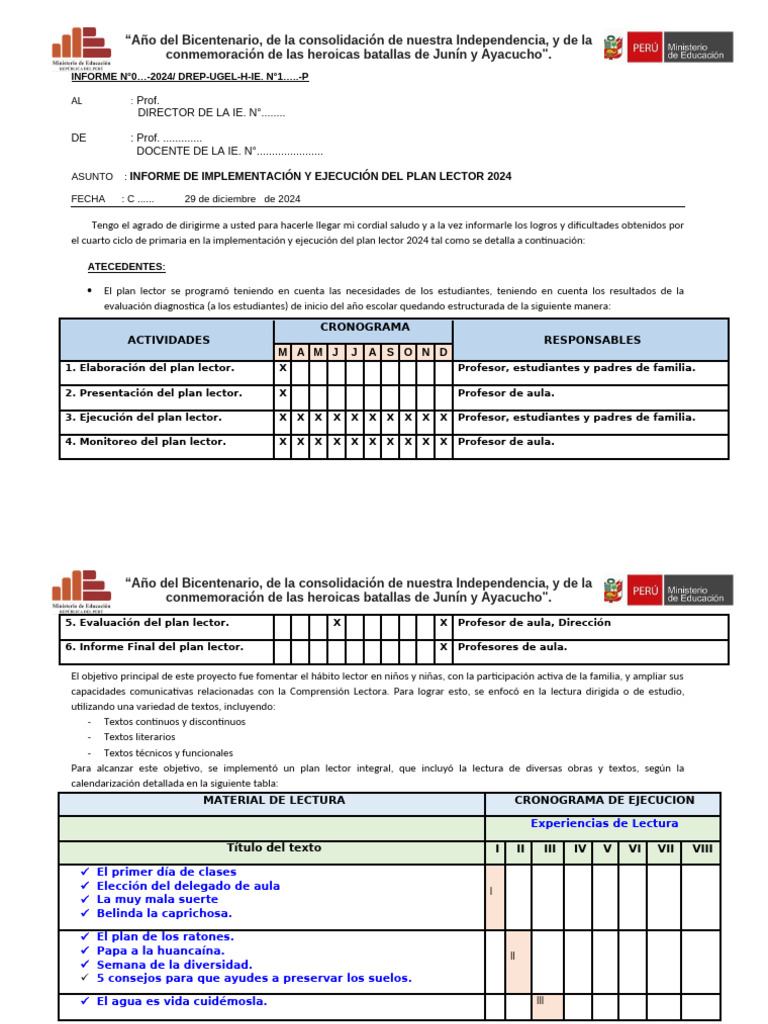 Informe de Plan Lector Iv - 2024 | PDF | Comprensión lectora | Ciencia cognitiva