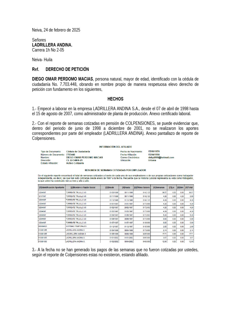 Diego Perdomo - Derecho de Peticion Ladrillera Andina | PDF