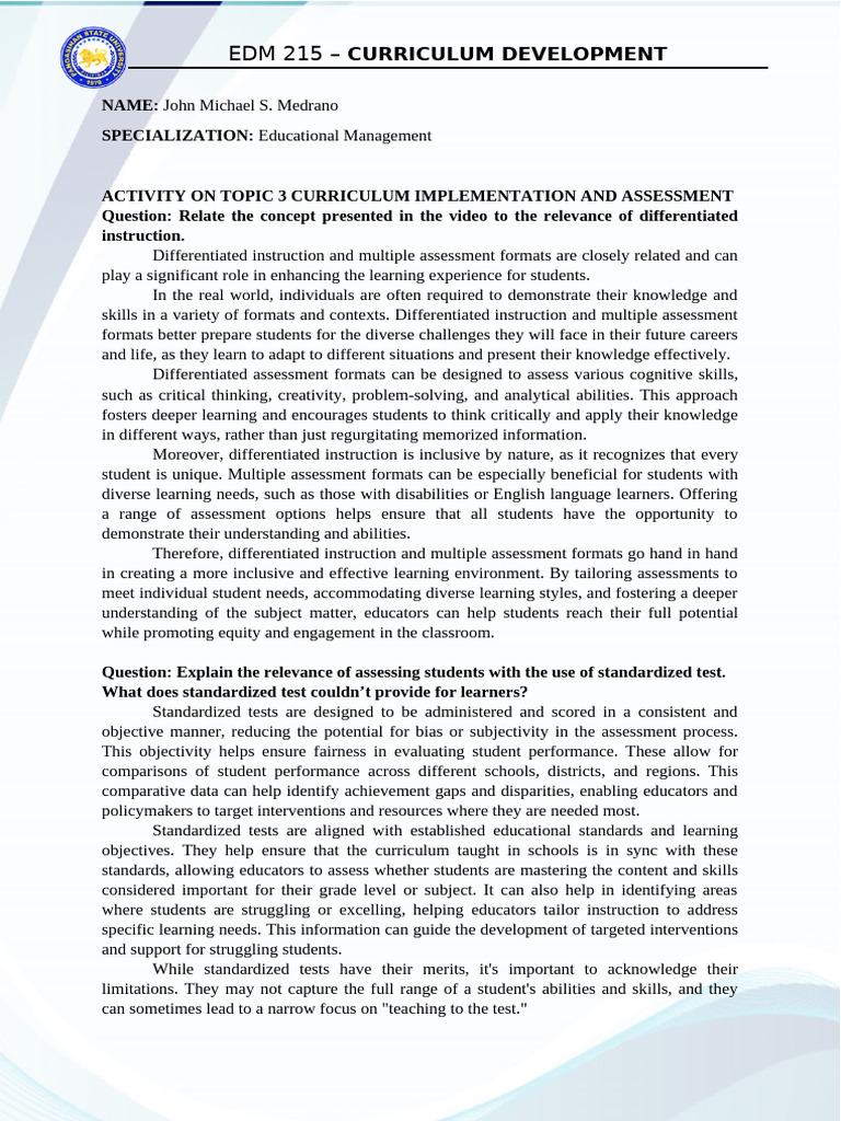 TOPIC 3_EDM 215_MEDRANO_CURRICULUM DEV'T | PDF | Educational Assessment | Differentiated Instruction