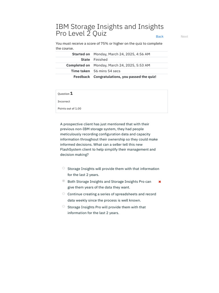 Ibm Storage Insights And Insights Pro Level 2 Quiz Attempt Review Pdf Computer Engineering