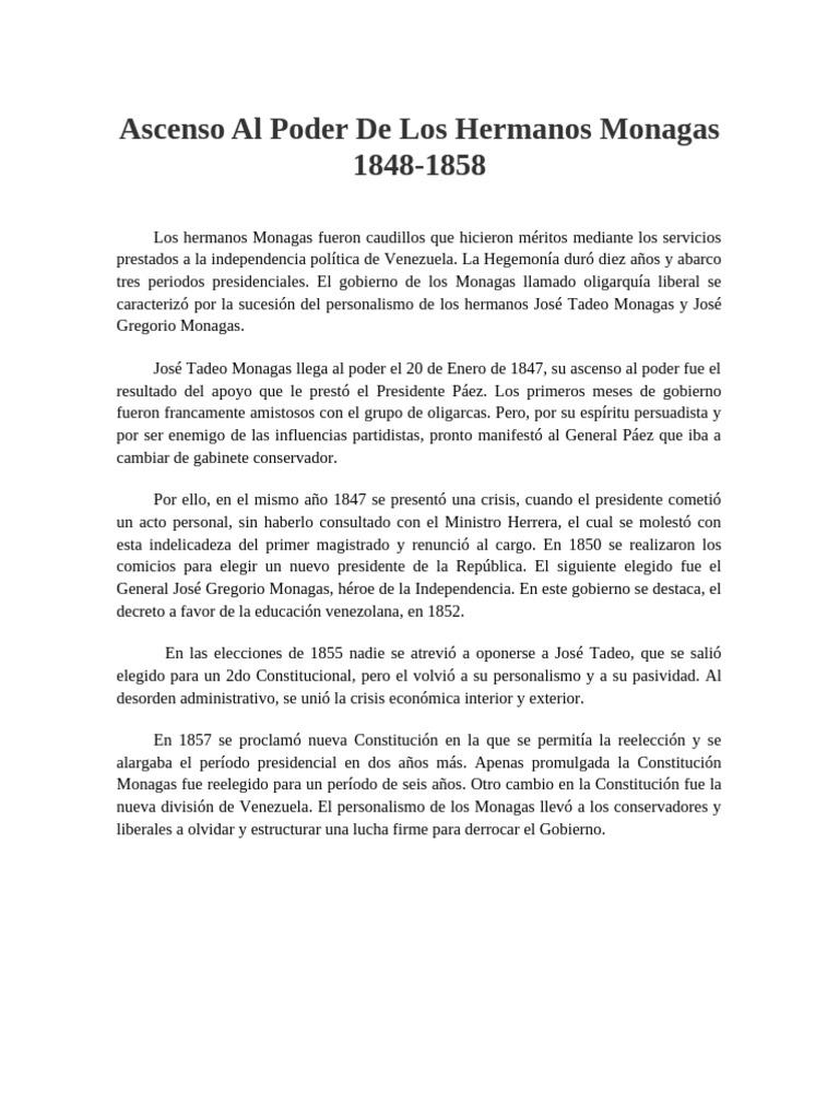 Ascenso Al Poder de Los Hermanos Monagas 1848 | PDF
