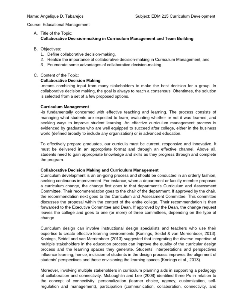 Edm 215 - Tabarejos - Discussion Paper | PDF | Curriculum | Decision Making