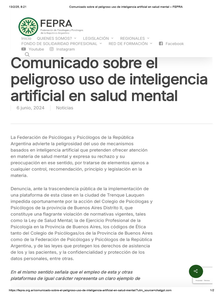 Comunicado Sobre El Peligroso Uso de Inteligencia Artificial en Salud Mental - FEPRA | PDF ...
