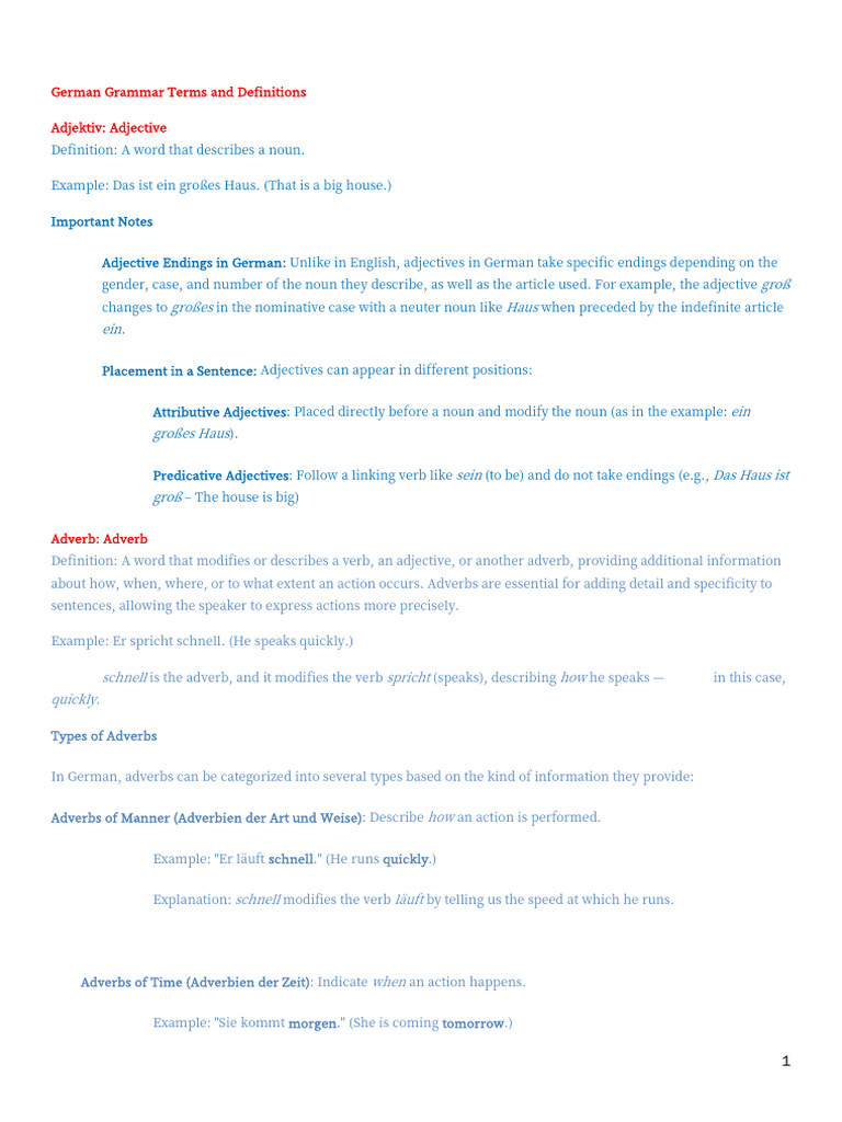 German Grammar Terms and Definitions | PDF | Grammatical Gender | Adverb