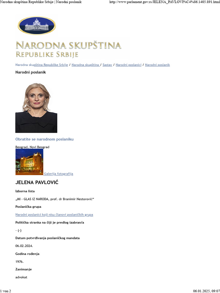 Jelena - Pavlovic - Narodni Poslanik - Narodna Skupština Republike Srbije | PDF