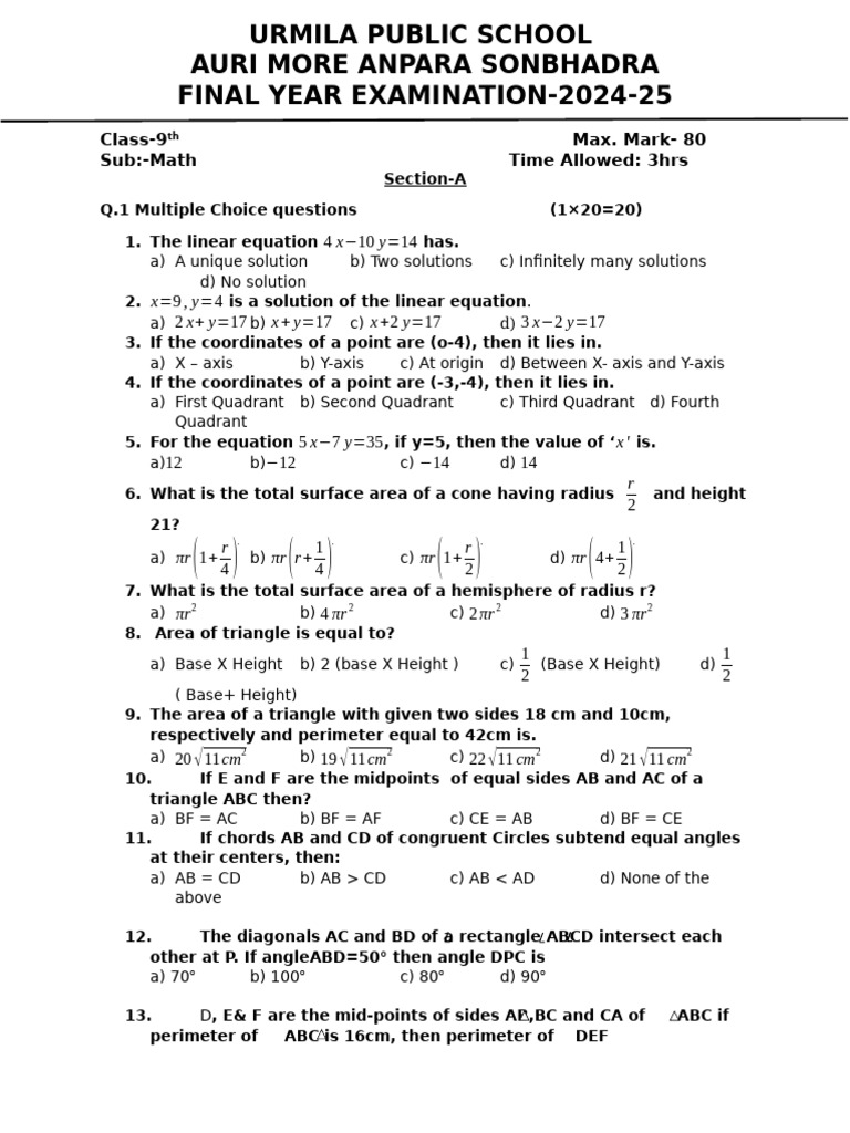 Class 9 Maths Final Exam Paper 2024-25 | PDF | Area | Cartesian ...