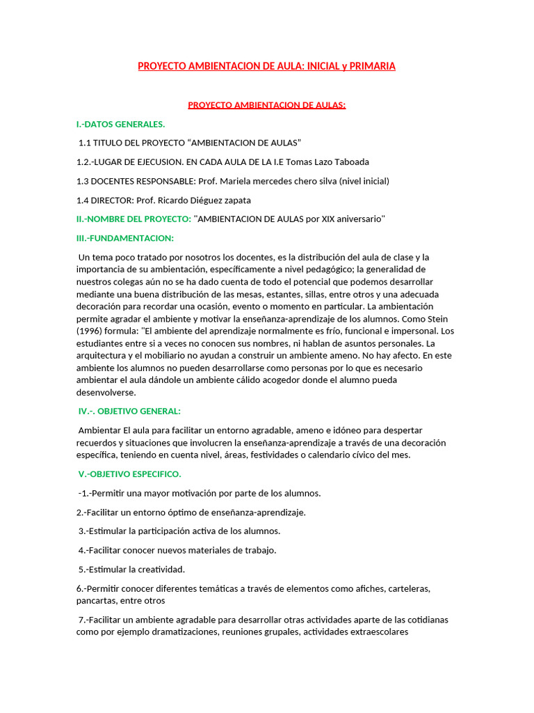 PROYECTO AMBIENTACION DE AULA concurso | PDF | Salón de clases | Enseñando