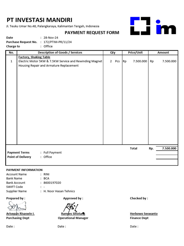 Purchase Request for Electric Motor Services | PDF
