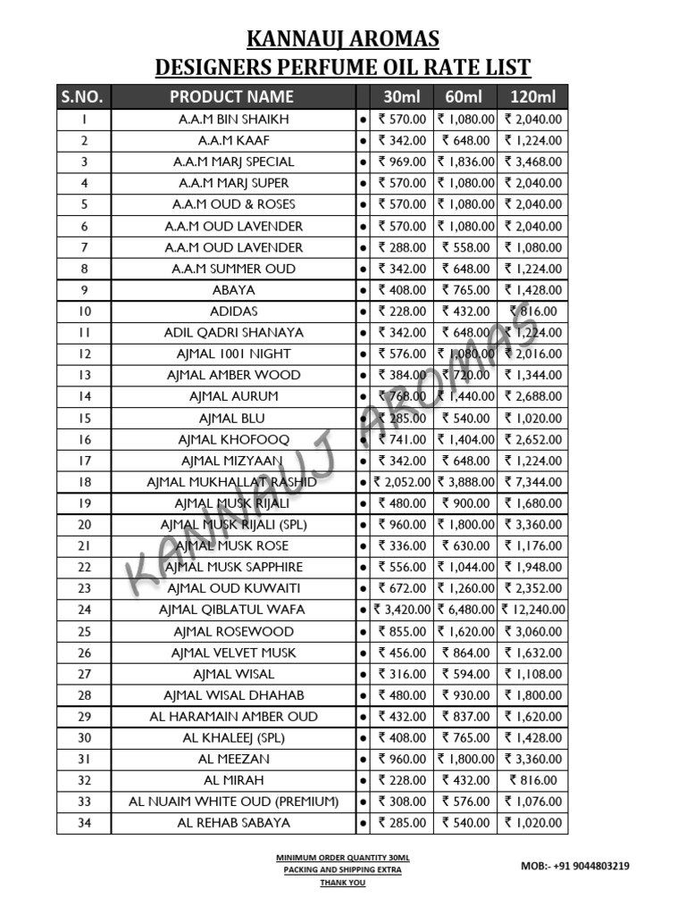 Kannauj Perfume Price List | PDF | Cosmetics | Odor