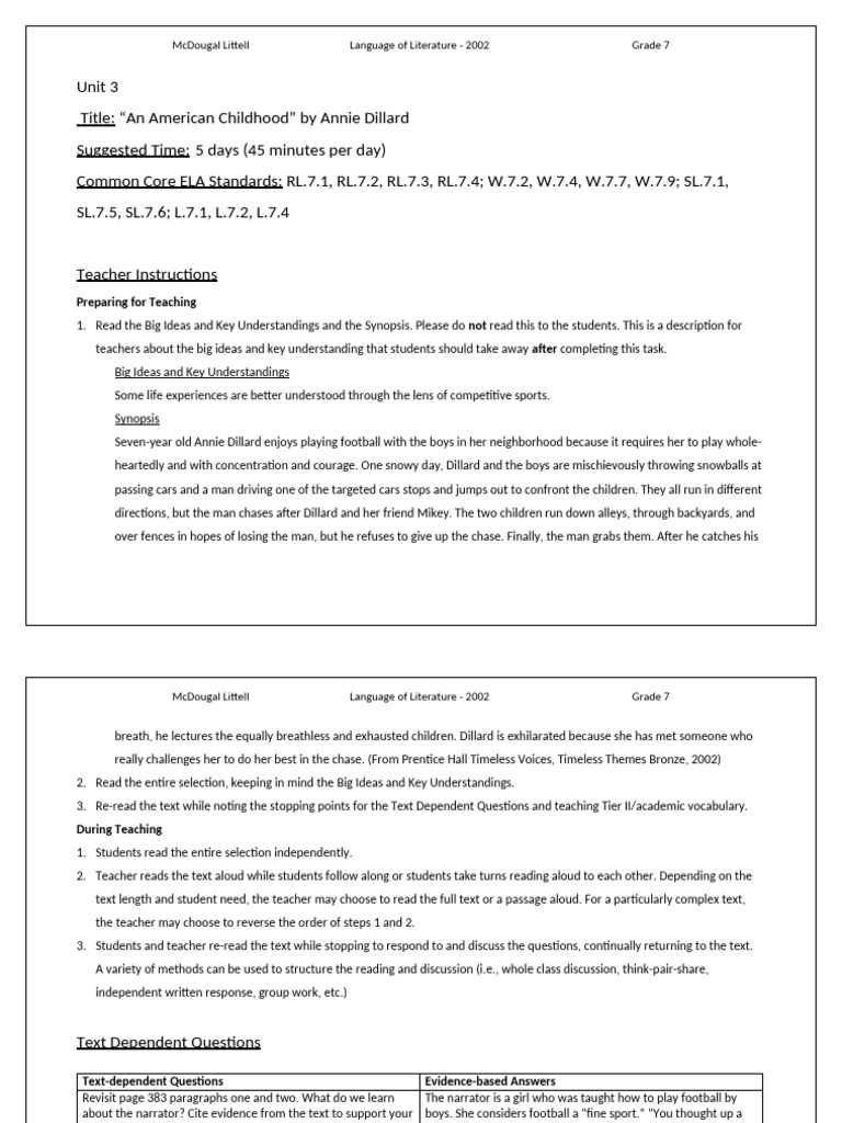 Teaching "An American Childhood" Analysis | PDF | Title Ix | Essays