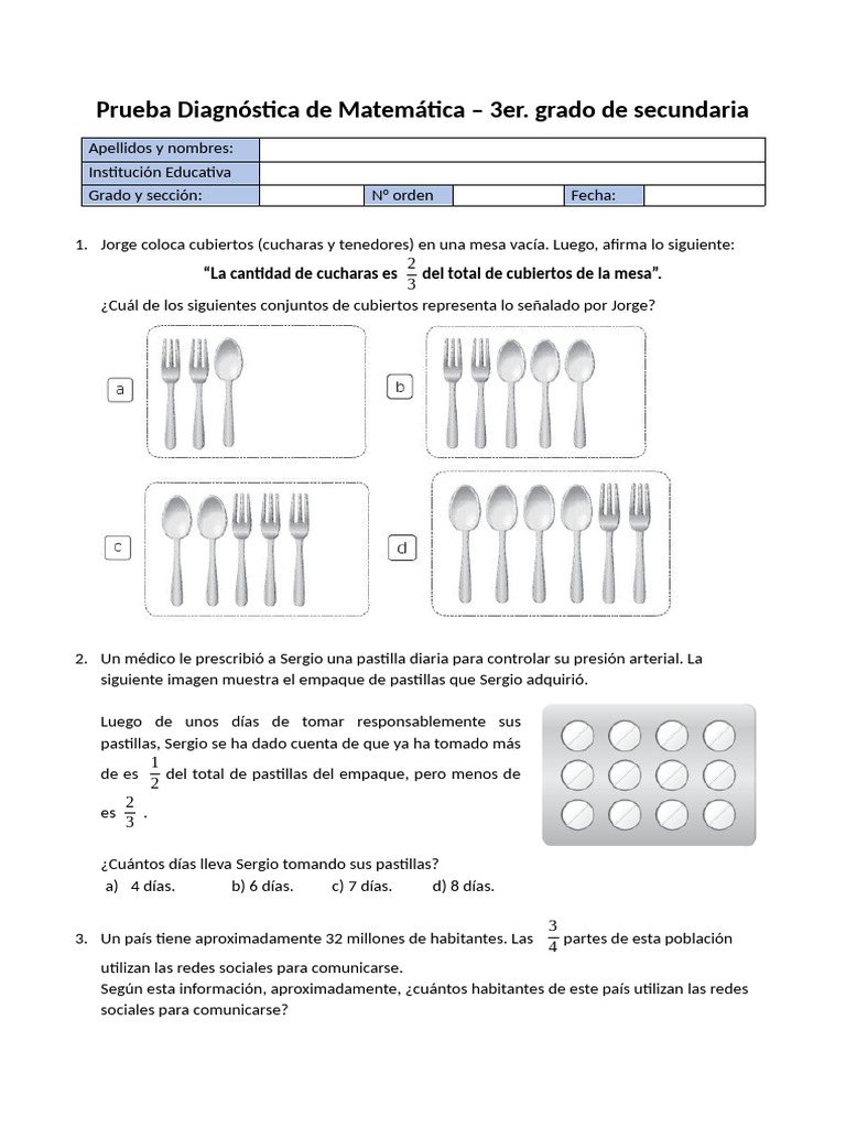 Prueba Diagnóstica de Matemáticas 3° Secundaria | PDF