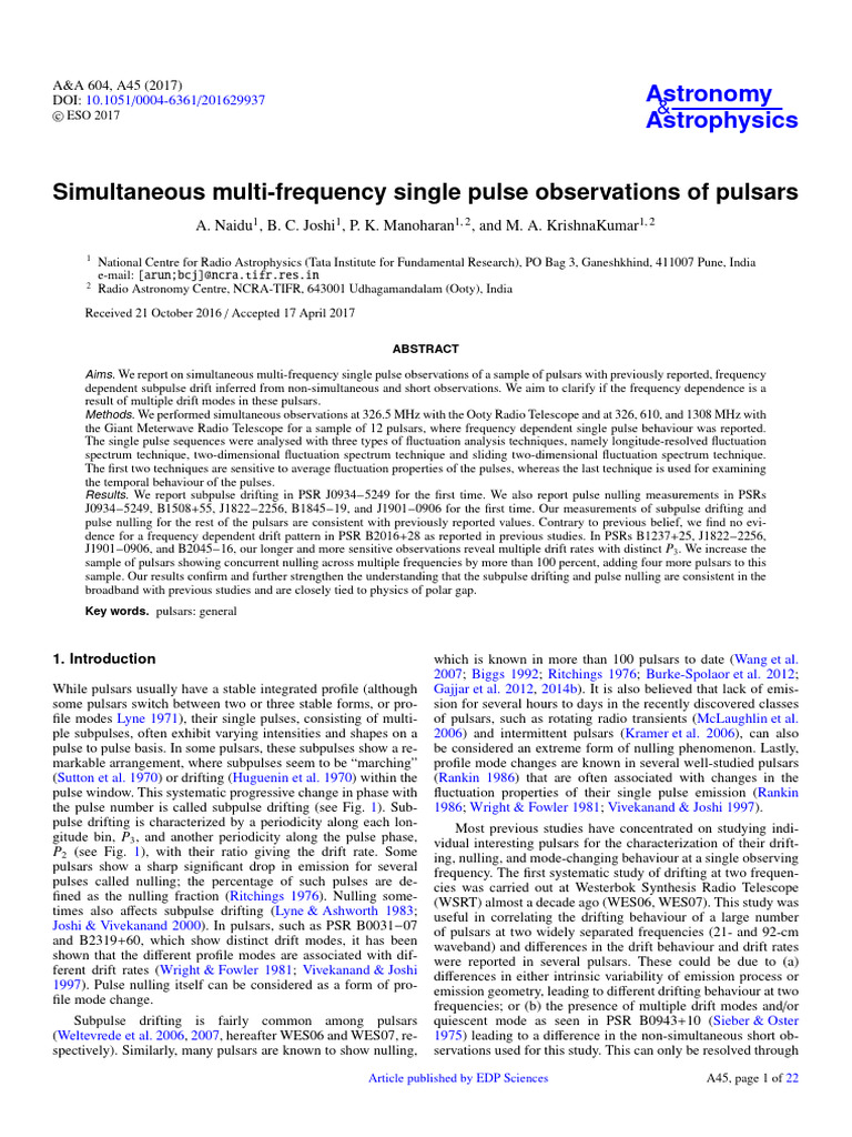 Simultaneous Multi-Frequency Single Pulse Observations of Pulsars | PDF ...