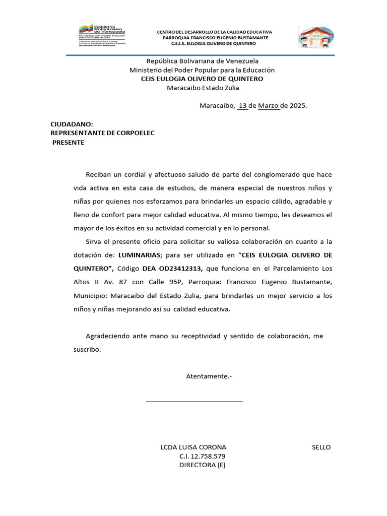 Solicitud de Luminarias para CEIS Eulogía Olivero | PDF