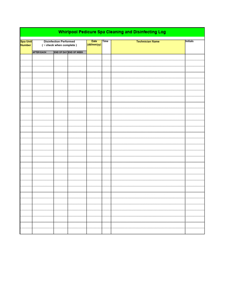 Pedicure Spa Cleaning Log Template | PDF