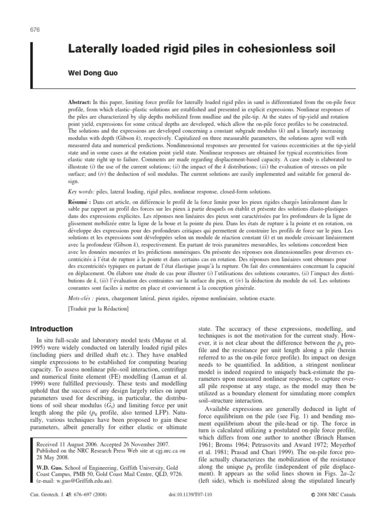 Laterally Loaded Rigid Piles in Cohesionless Soil | PDF | Elasticity (Physics) | Stress (Mechanics)