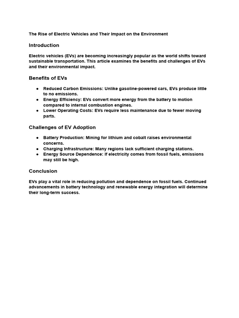 Electric Vehicles: Environmental Impact Analysis | PDF