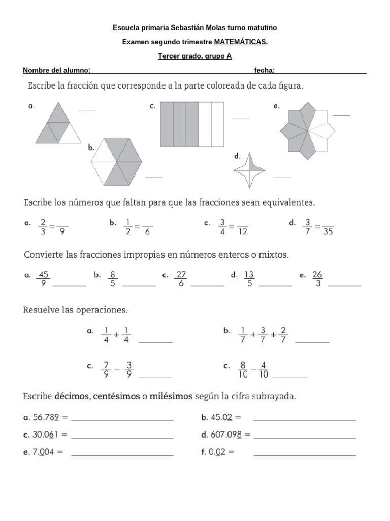Examen de Matemáticas 3er Grado A | PDF
