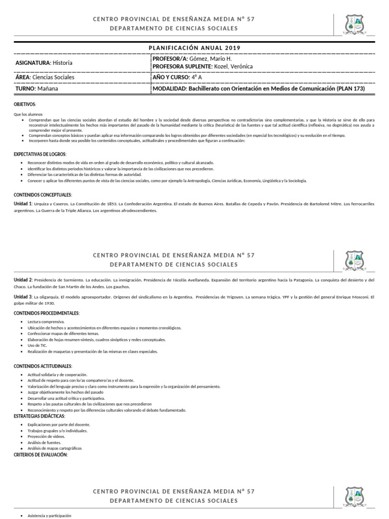 PLANIFICACIÓN ANUAL - HISTORIA - 4to Año | PDF | Maestros | Enseñando