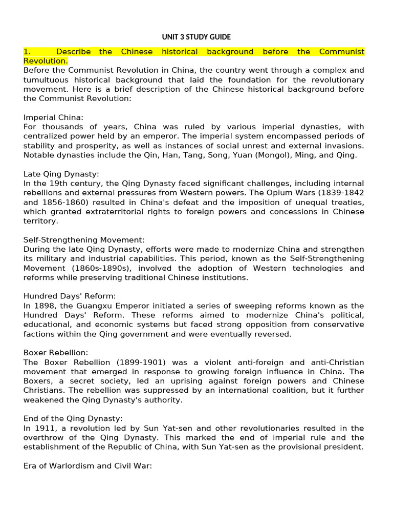 Unit 3 China Study Guide | PDF | Kuomintang | Mao Zedong