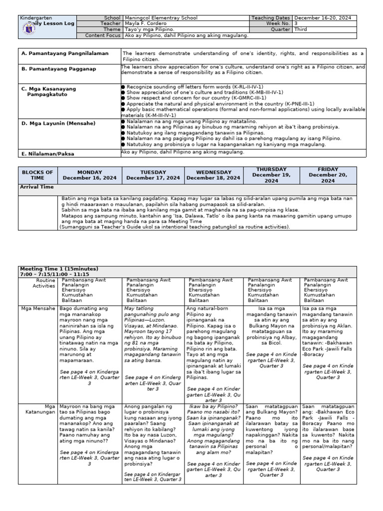 Lesson Plan MATATAG-DLL-Q3-Week-3 | PDF