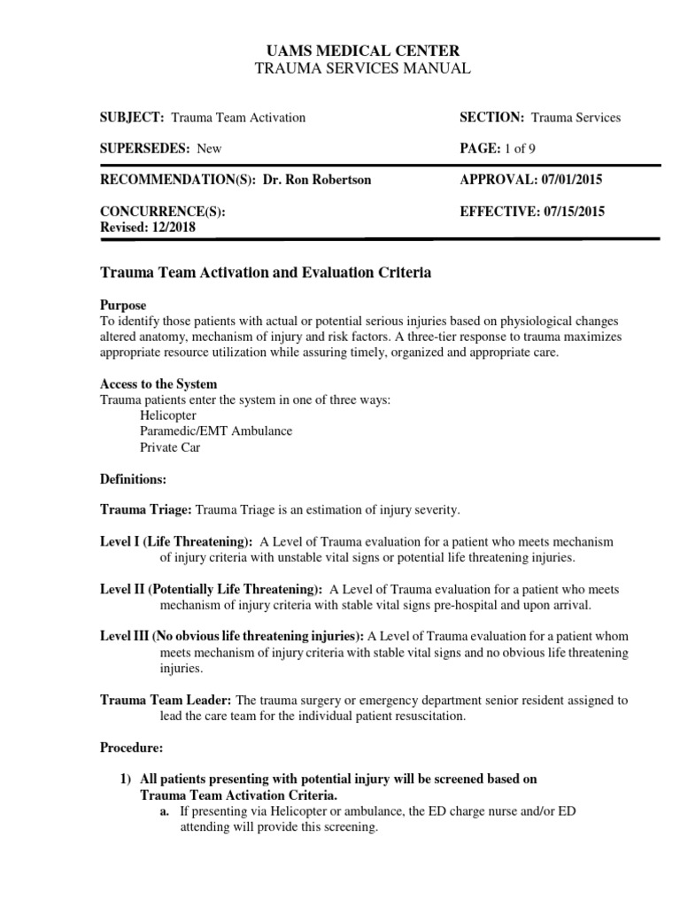 Trauma Team Activation Criteria | PDF | Major Trauma | Emergency Department