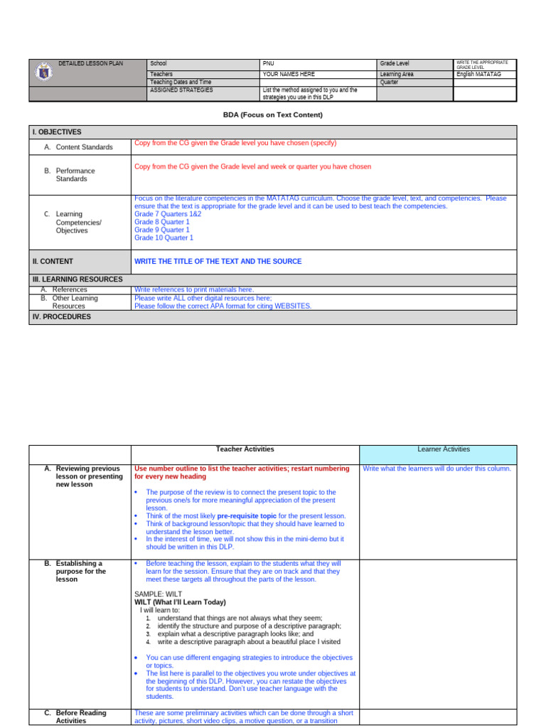 Blank DLP With Notes MATATAG | PDF | Reading Comprehension | Lesson Plan
