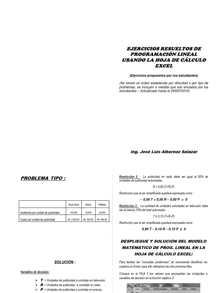 EJERCICIOS_RESUELTOS_DE_PROGRAMACION_LIN | PDF | Hoja de cálculo | Microsoft Excel