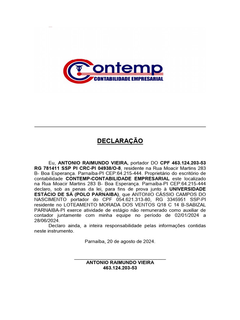 DECLARAÇÃO Contemp | PDF