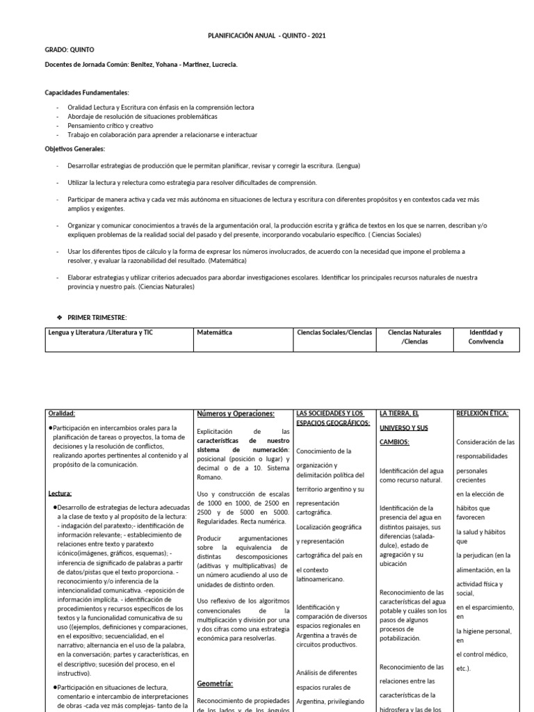 Planificacion Anual Quinto | PDF | Escritura | Puntuación