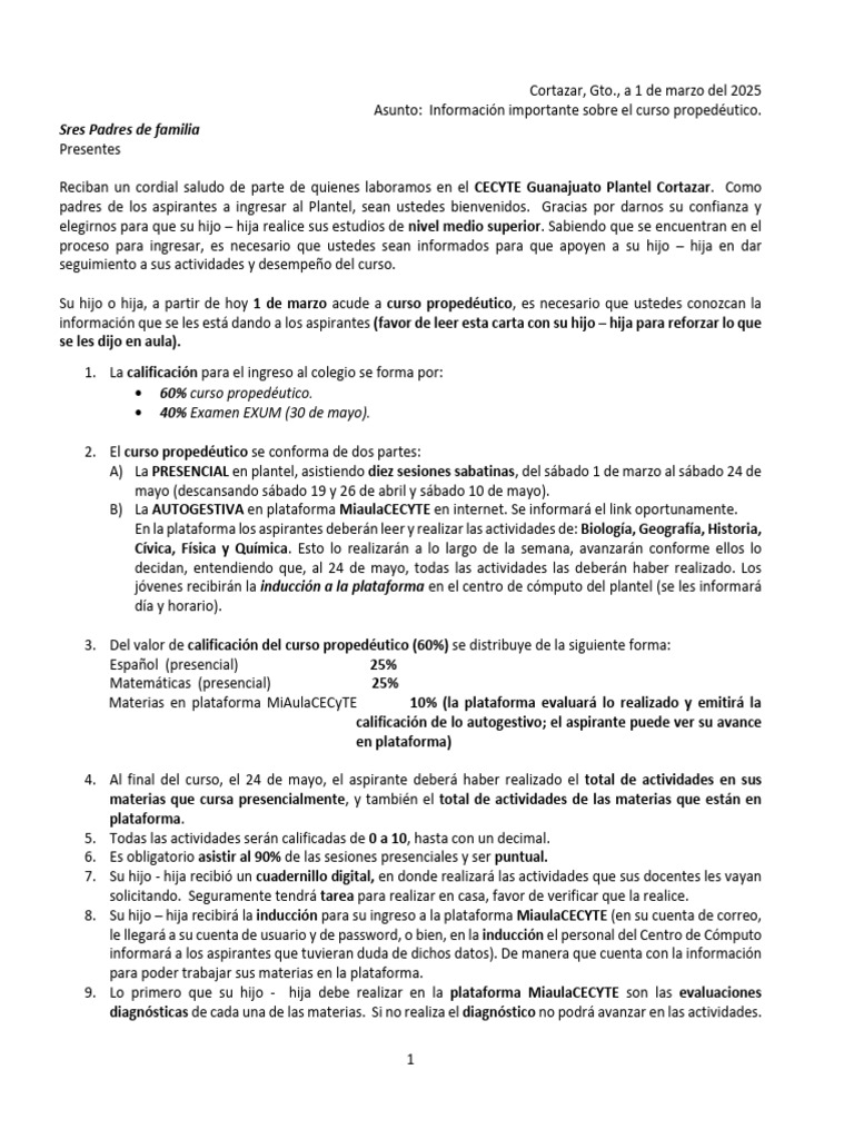Carta para Padres | PDF