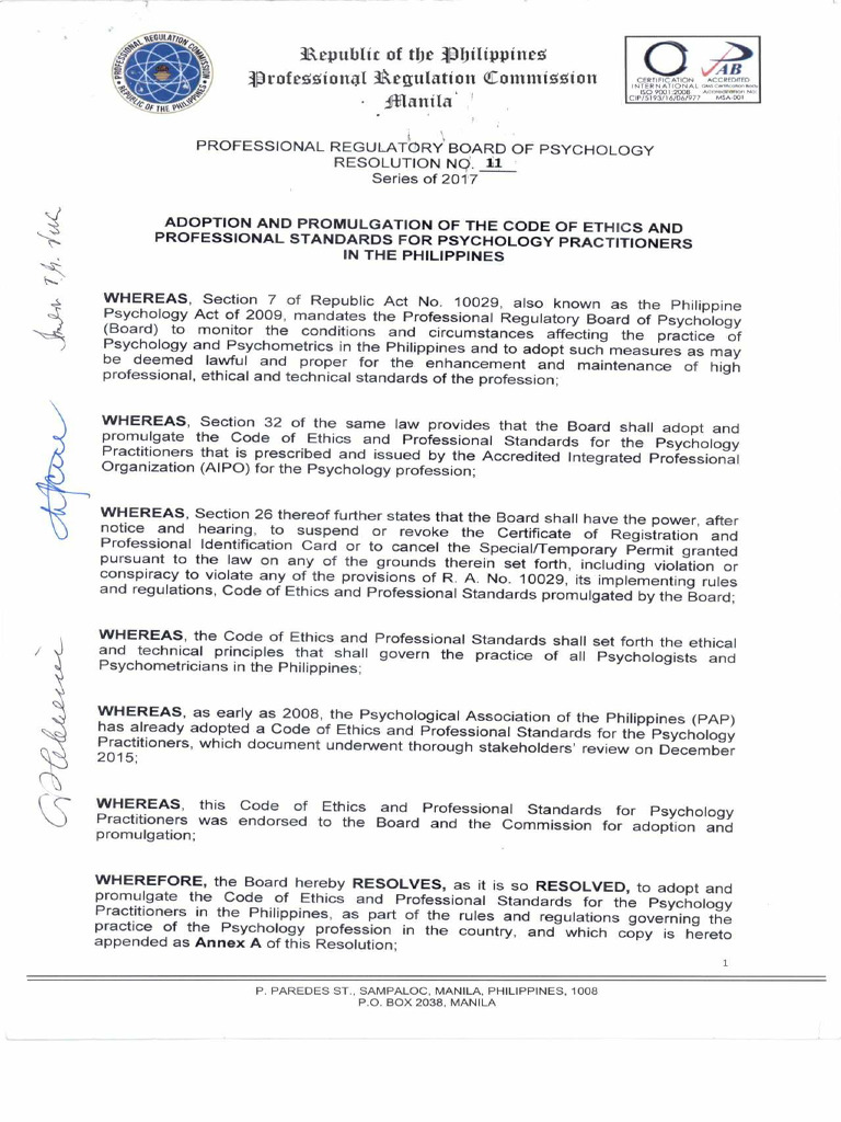 Code of Ethics - PRC - Resolution - PAP | PDF