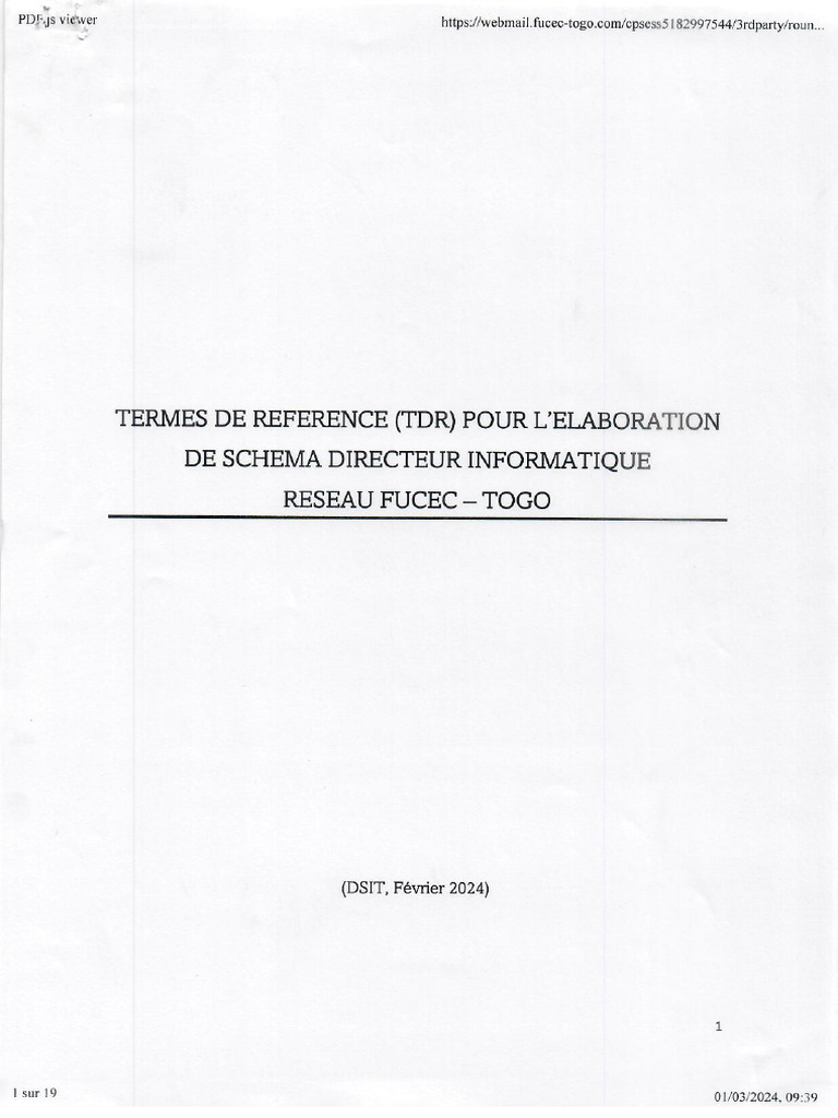 TDR Pour Elaboration de Shema Directeur Informatique Fucec - Togo | PDF
