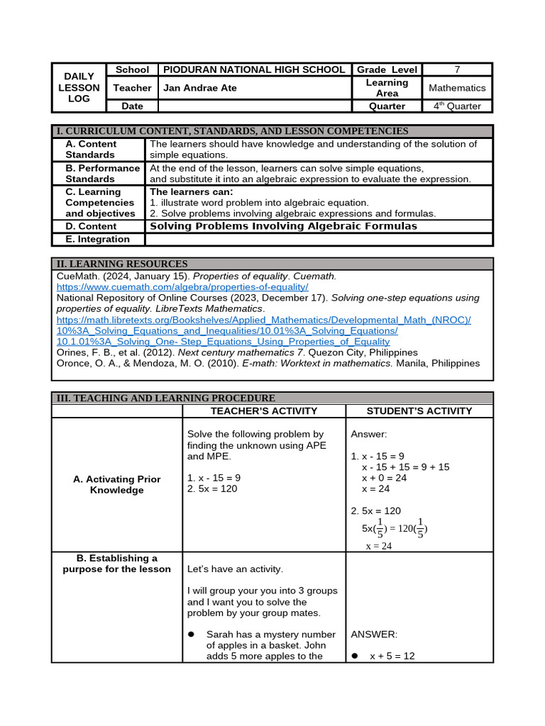 Q4 L6 G7 Solving Equation Involving Algebraic Formulas | PDF ...