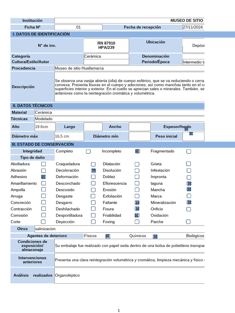 1 Ficha de Conservación - Mishell Issela Quispe Villena 23030413 A | PDF | Madera | Materiales