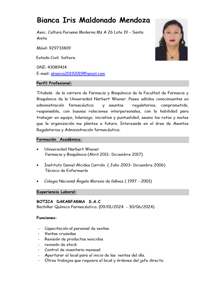CV - Bianca Iris Maldonado Mendoza - 14!03!2025 | PDF | Farmacia | Farmacéutico