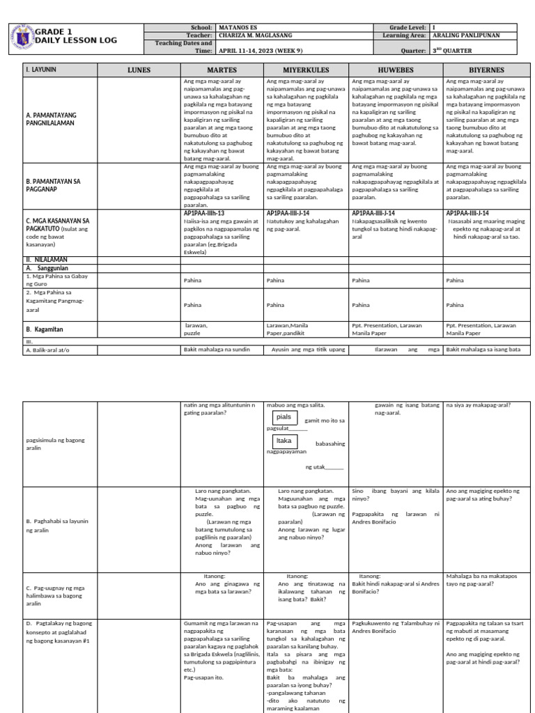 DLL - Araling Panlipunan 1 - Q3 - W9 | PDF