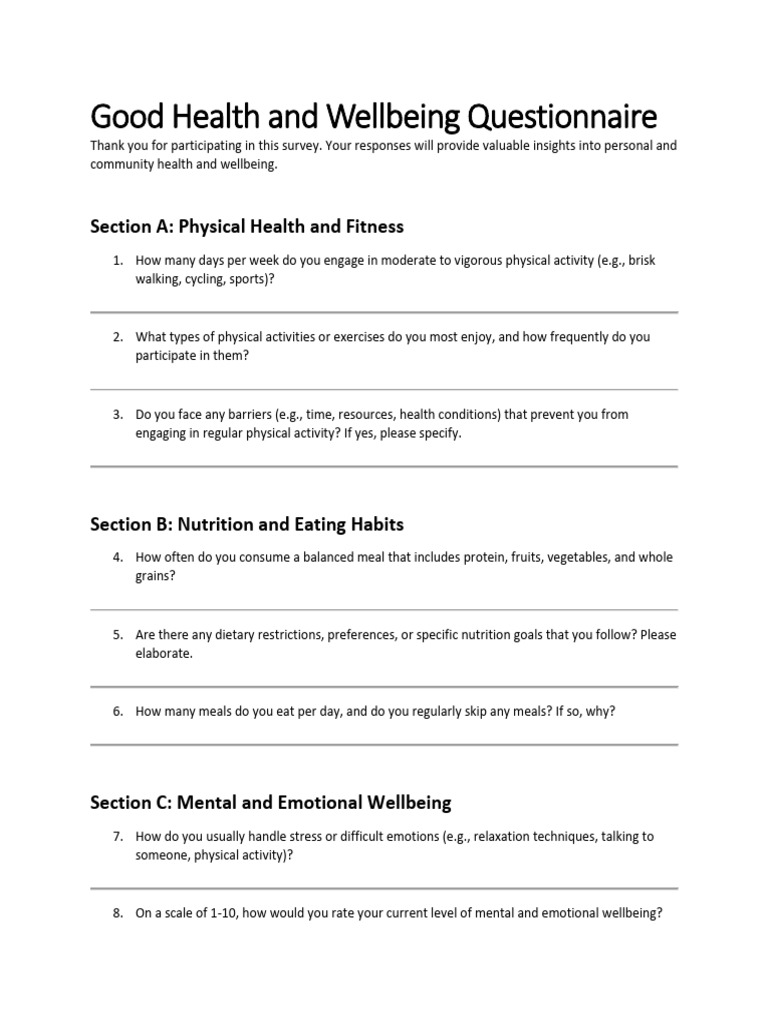 Health and Wellbeing Survey Questionnaire | PDF