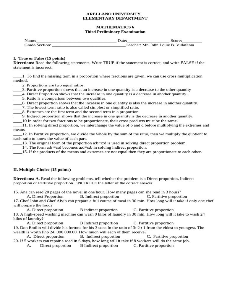 MATH 6 - 3rd Preliminary Exam | PDF | Ratio | Mathematics