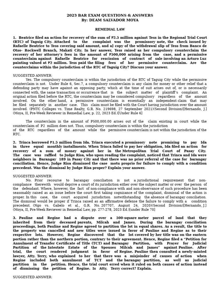 2023 Bar Exam Remedial Law Answers | PDF | Bail | Deposition (Law)