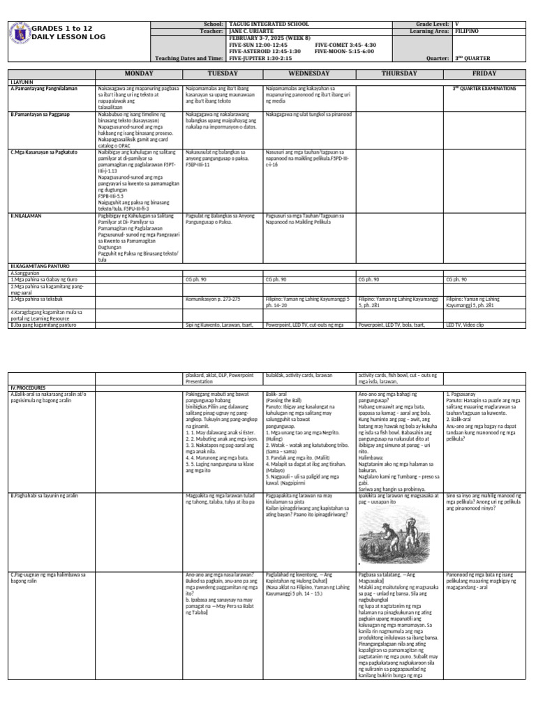 DLL - Filipino 5 - Q3 - W8 | PDF