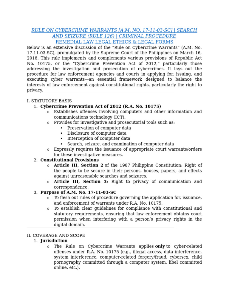 Summary Notes (Cybercrime Warrants and Body-Worn Cameras) | PDF ...