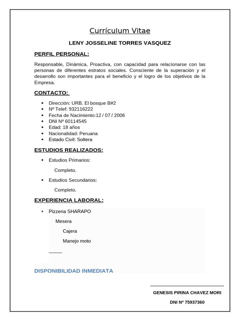 Currículum Vitae: Leny Josseline Torres Vasquez Perfil Personal | PDF