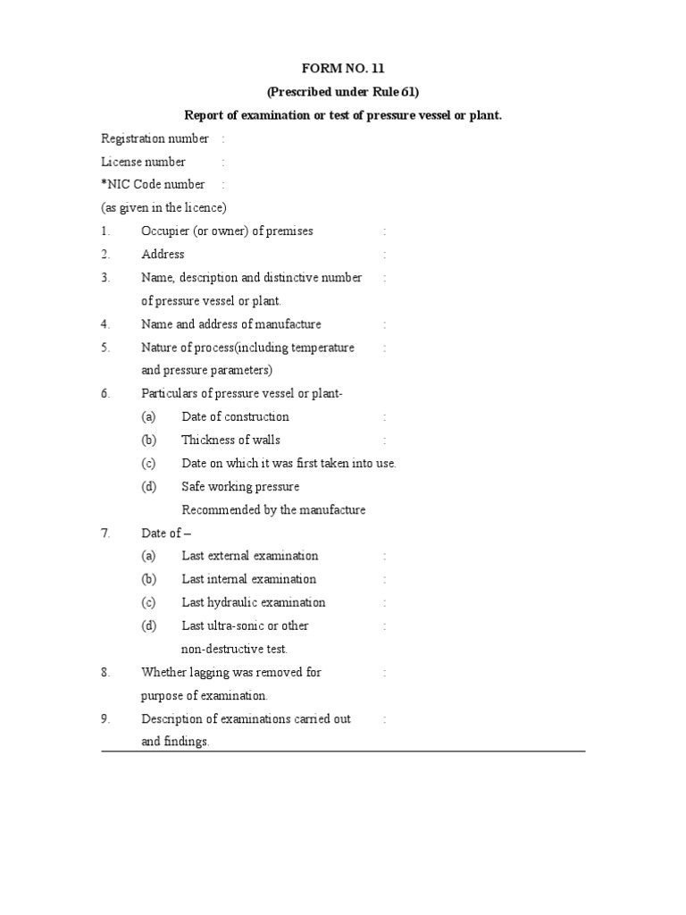 Form - 11 - Report of Examination or Test of Pressure Vessel or Plant ...