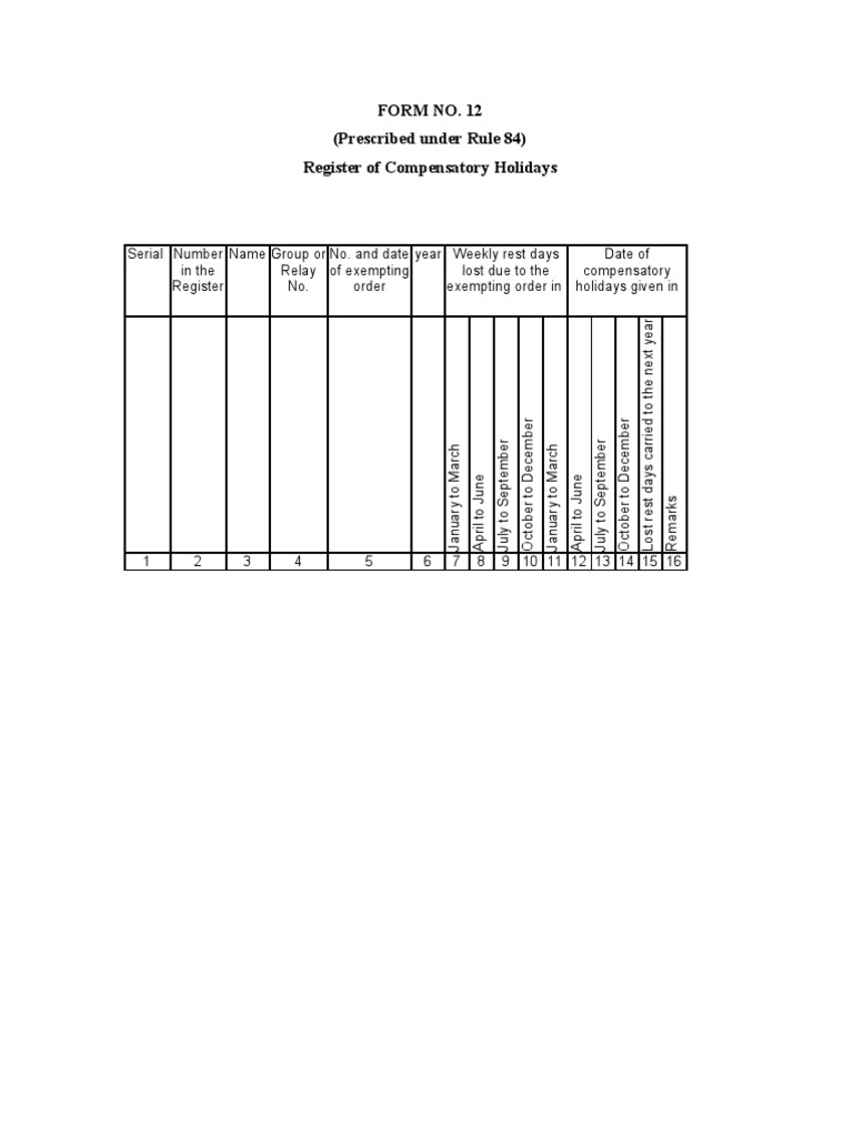 Form - 12 - Register of Compensatory Holidays | PDF