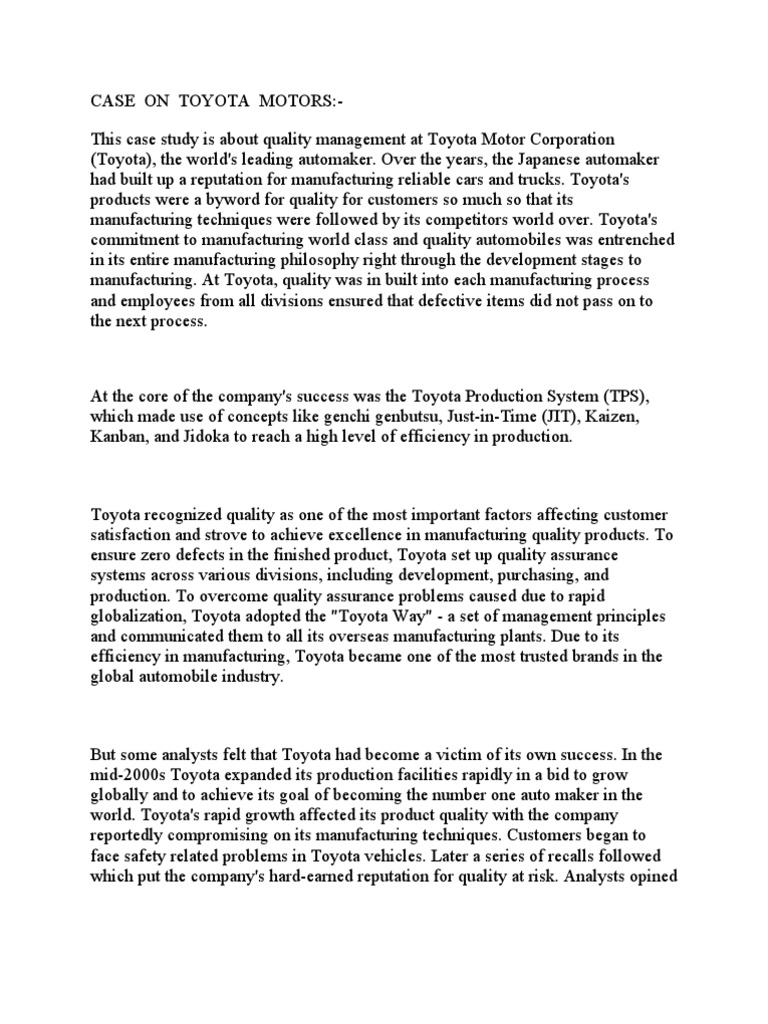 Case On Toyota Motors | PDF | Toyota | Reputation