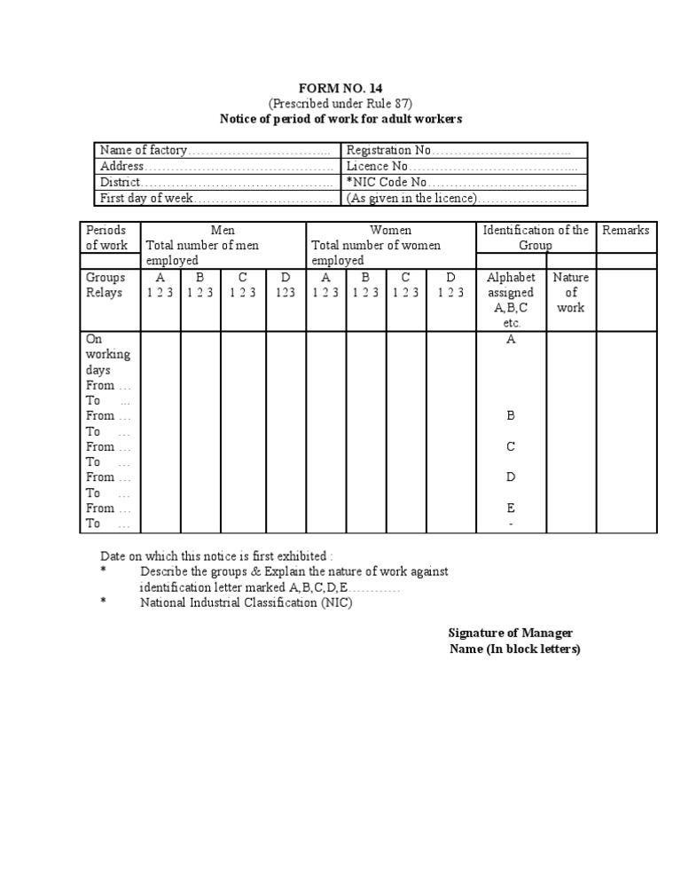 Form - 14 - Notice of Period of Work For Adult Workers | PDF