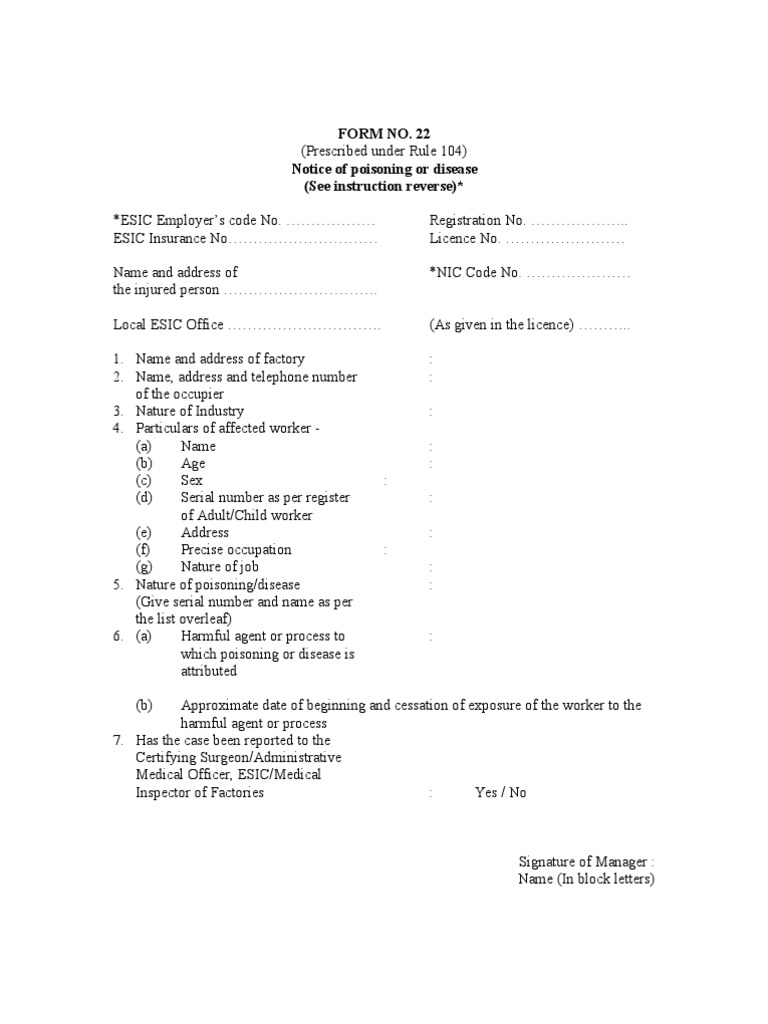 Form- 22- Notice of Poisoning or Disease | Toxicity | Chemical Substances