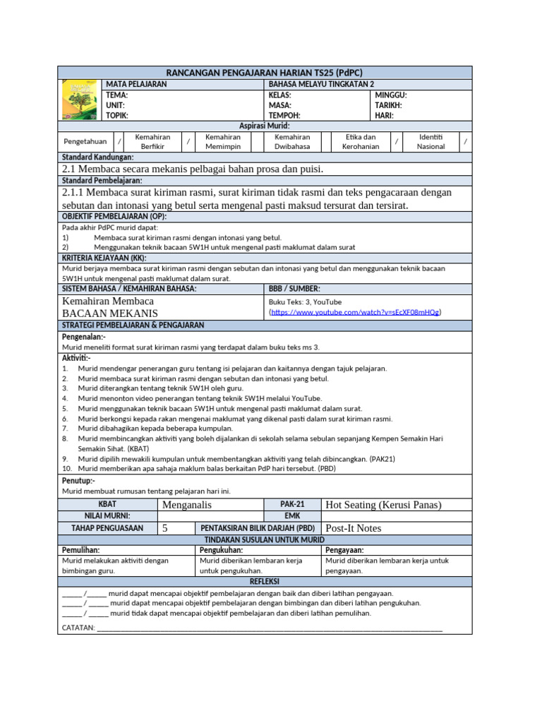 MEMBACA RPH BM TING. 2 TS25 (UNIT 1)-M2 pkjr | PDF