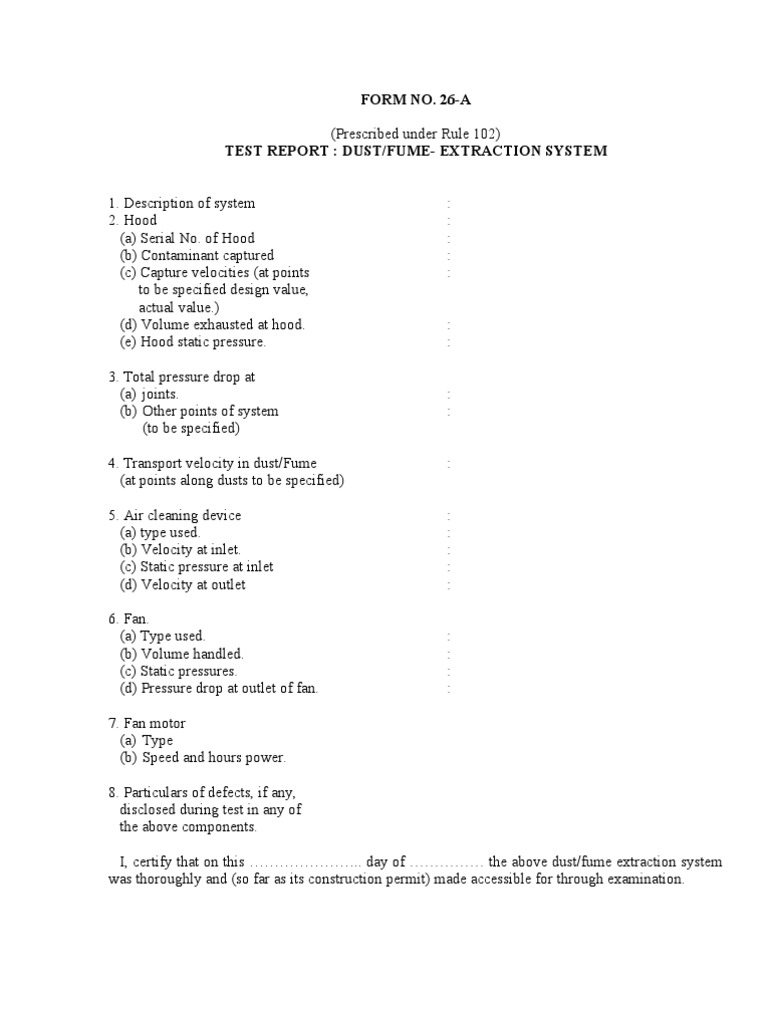Form - 26A - Test Report Dustfume - Exetration System | PDF